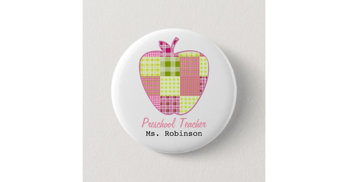 Plaid Apple Preschool Teacher Button | Zazzle