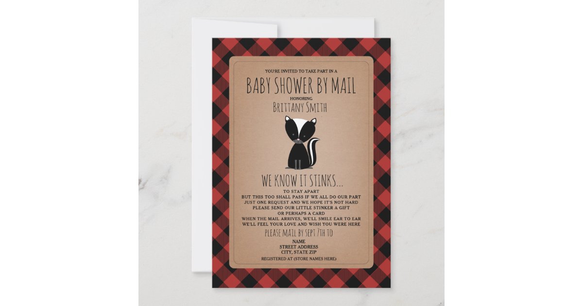Plaid Baby Shower By Mail Social Distancing Skunk Invitation | Zazzle