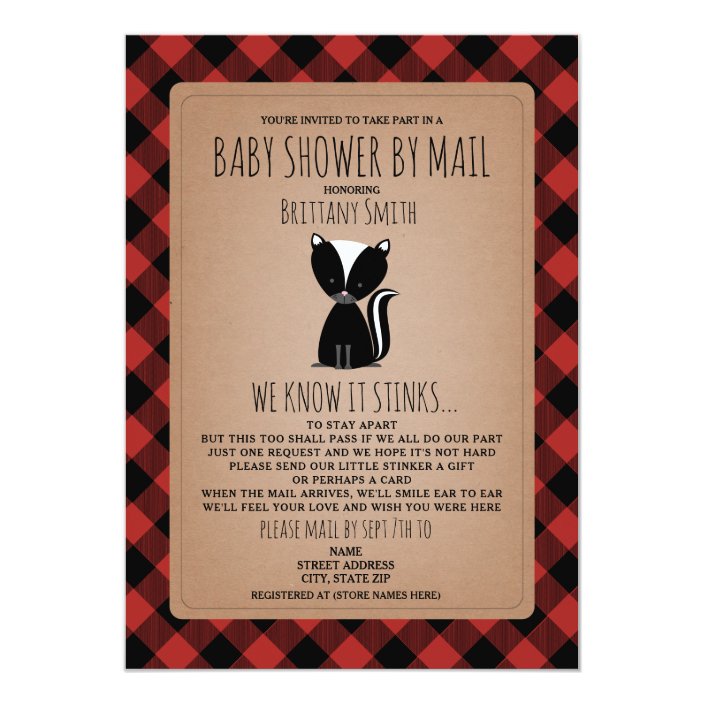 Plaid Baby Shower By Mail Social Distancing Skunk Invitation | Zazzle.com
