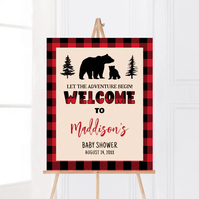 Plaid Bear Cub Lumberjack Baby Shower Welcome Poster | Zazzle