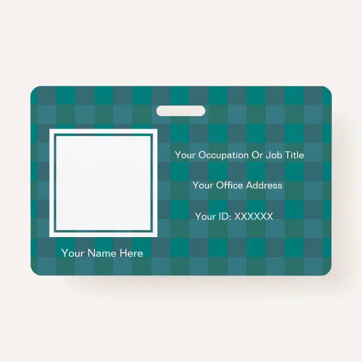 Plaid Checkered Teal Photo Text Templates Employee Badge | Zazzle