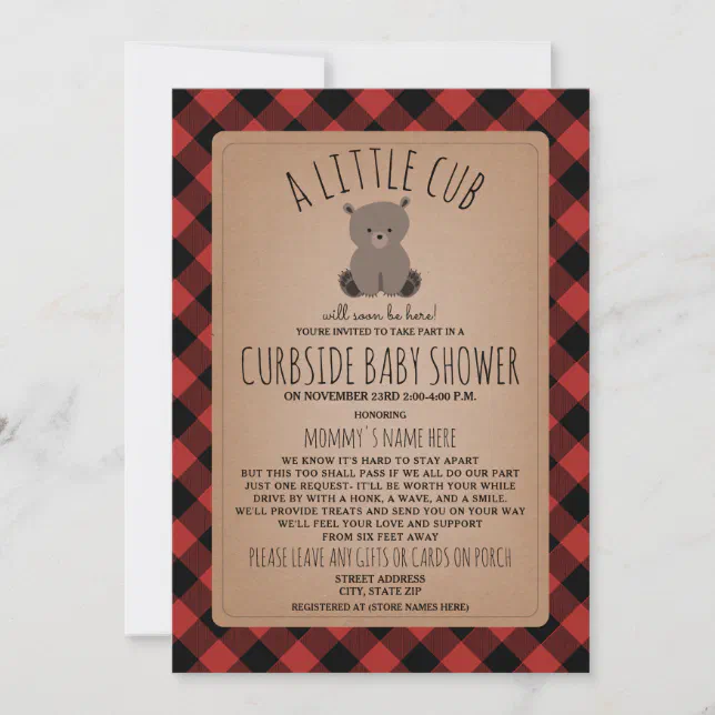 Plaid Curbside Baby Shower Social Distancing Bear Invitation | Zazzle