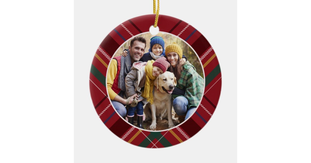 Plaid frame photo red personalized Christmas Ceramic Ornament | Zazzle