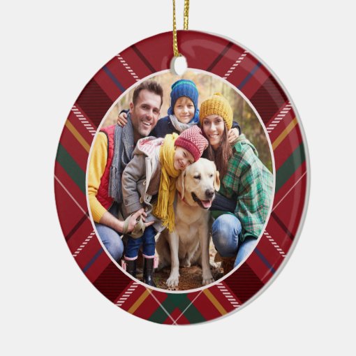Plaid frame photo red personalized Christmas Ceramic Ornament | Zazzle