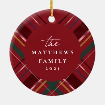 Plaid frame photo red personalized Christmas Ceramic Ornament | Zazzle