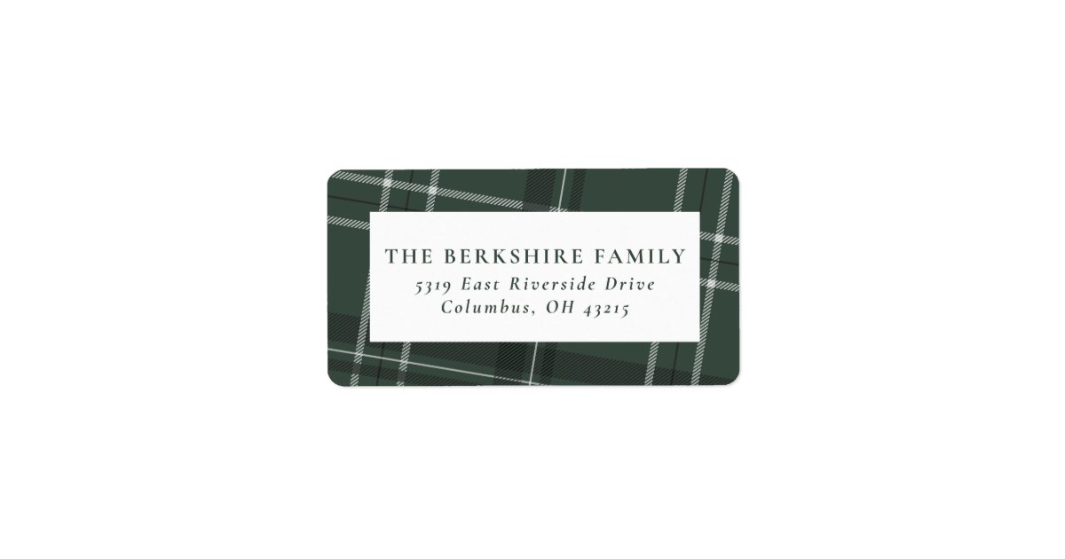 Plaid holiday green return address sticker | Zazzle