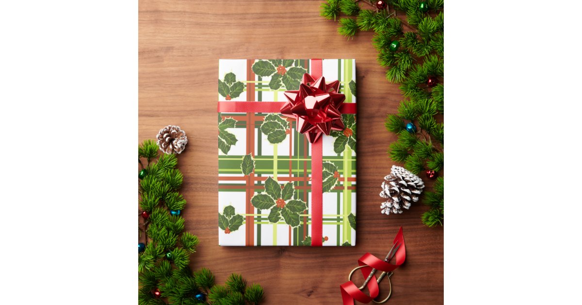 Plaid Holly Christmas Wrapping Paper | Zazzle