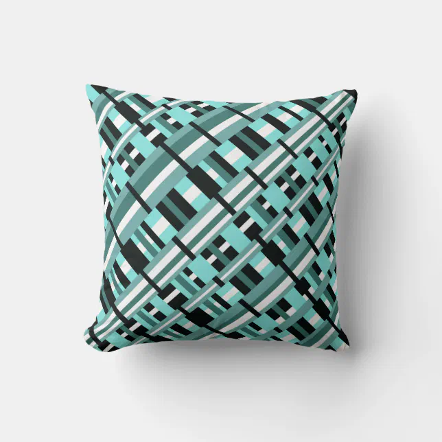 Plaid in Aqua, Teal, Black & White Diagonal Throw Pillow | Zazzle