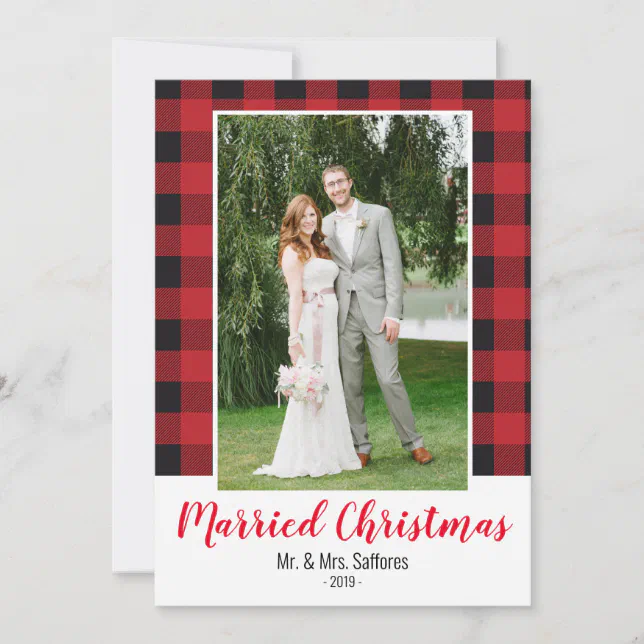 Plaid Married Christmas Holiday Photo Card | Zazzle