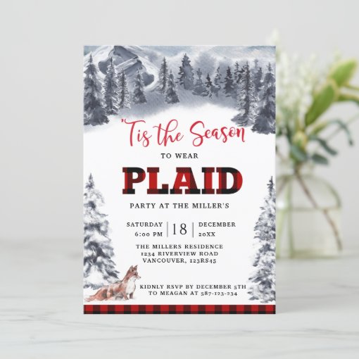 Plaid Party Winter Mountains and Fox Buffalo Plaid Invitation | Zazzle