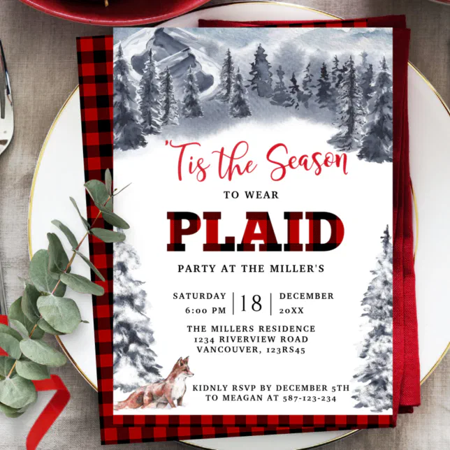Plaid Party Winter Mountains and Fox Buffalo Plaid Invitation | Zazzle