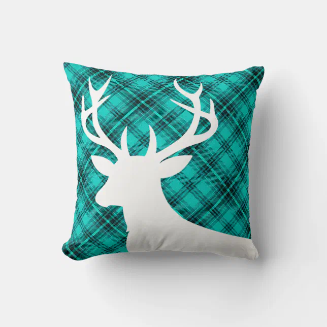 Plaid Rustic Deer Head Silhouette | teal Throw Pillow | Zazzle