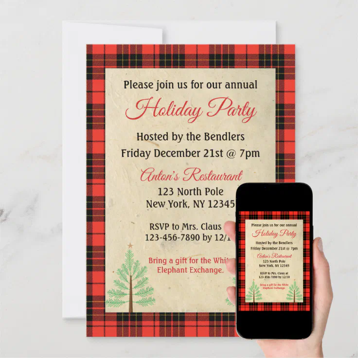 Plaid Rustic Holiday Party Invitation | Zazzle