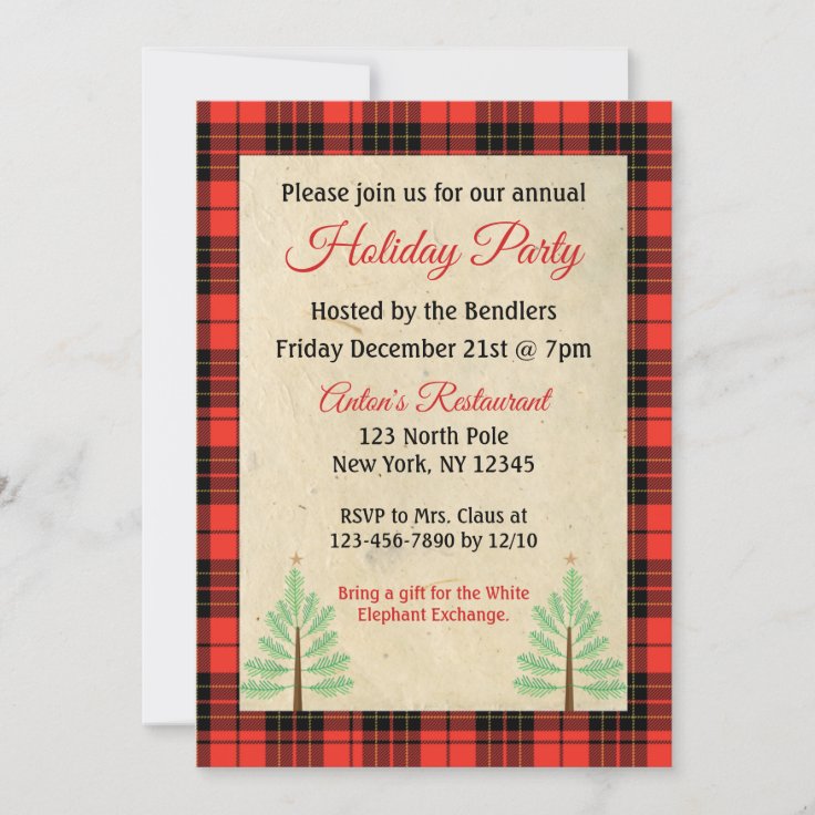Plaid Rustic Holiday Party Invitation | Zazzle