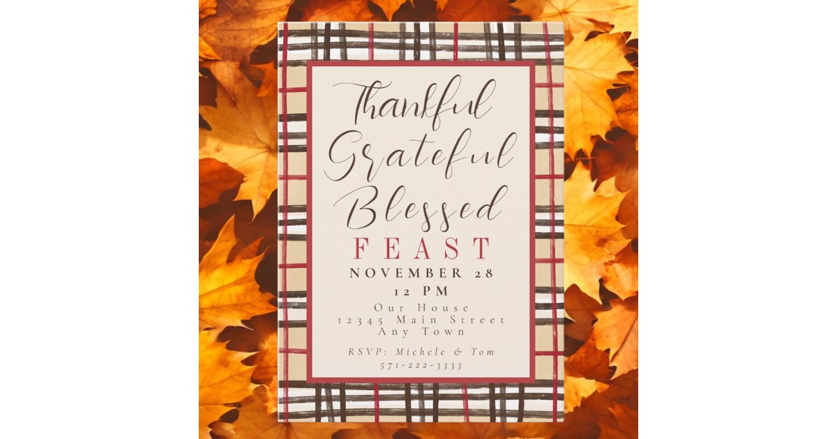 Plaid Thankful Greatful Blessed Thanksgiving Feast Invitation | Zazzle