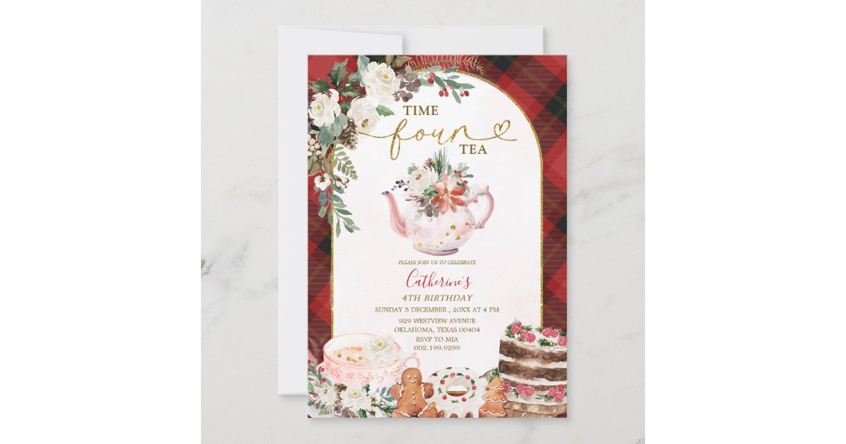 Plaid Time Four Tea Party Christmas 4th Birthday Invitation | Zazzle
