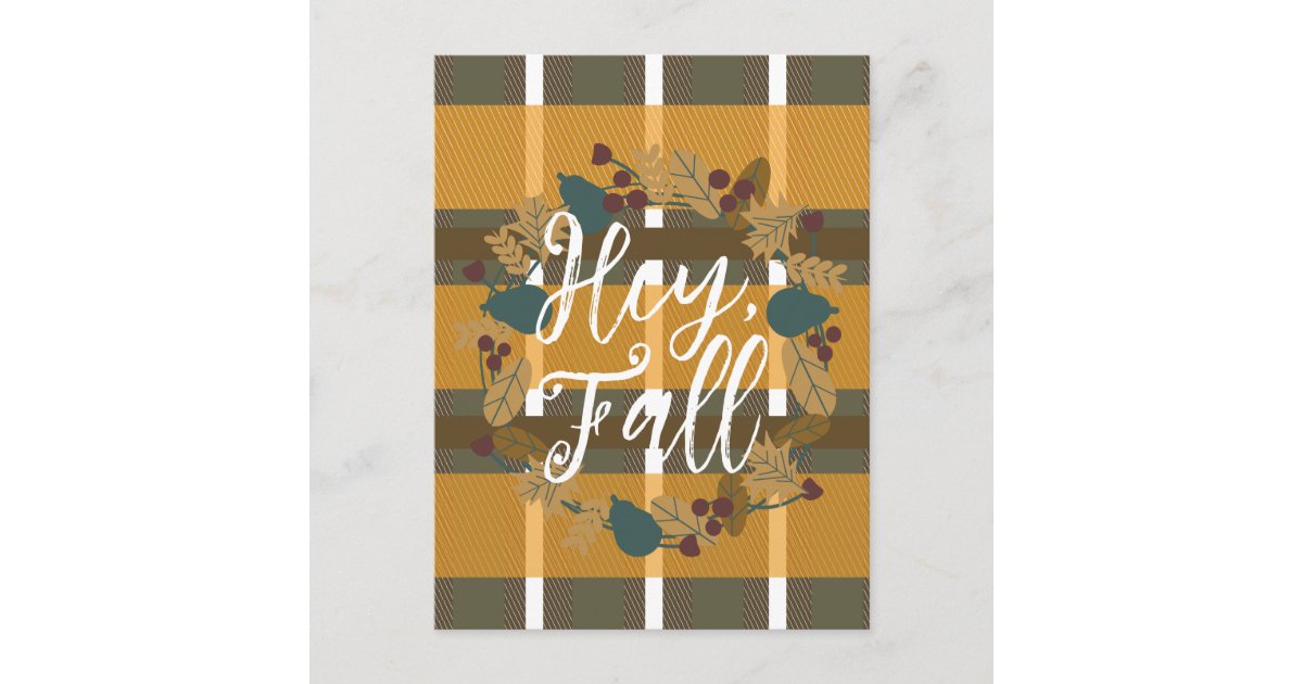 Plaid Wreath Greenery Hey Fall Postcard | Zazzle