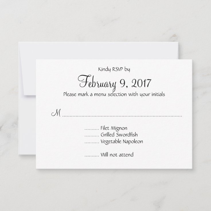 Plain Black and White Wedding Menu Reply Cards | Zazzle