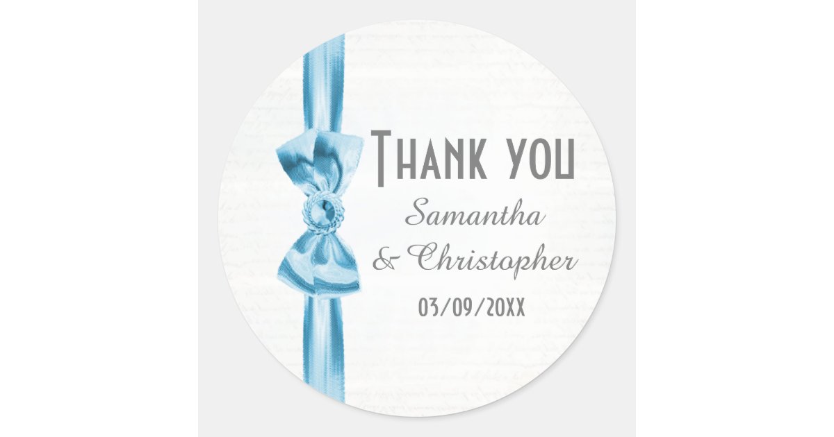 Plain pastel blue satin ribbon bow thank you classic round sticker | Zazzle