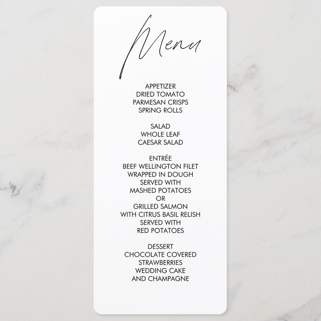 Plain Script Round Wedding Menu White | Zazzle
