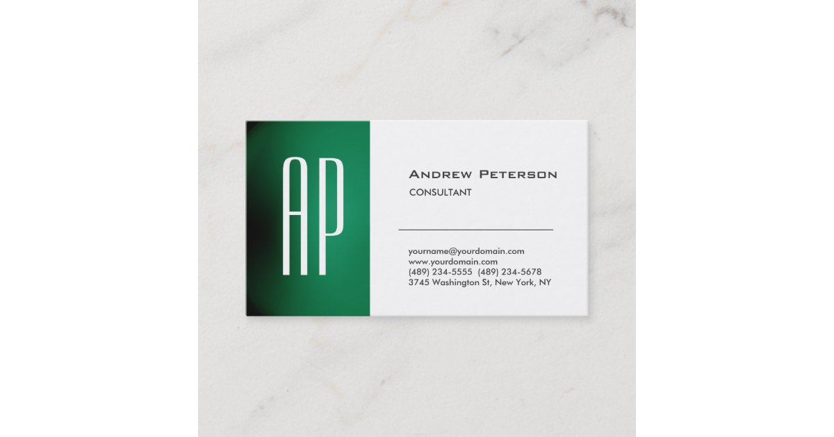 Plain White Green Trendy Monogram Business Card | Zazzle