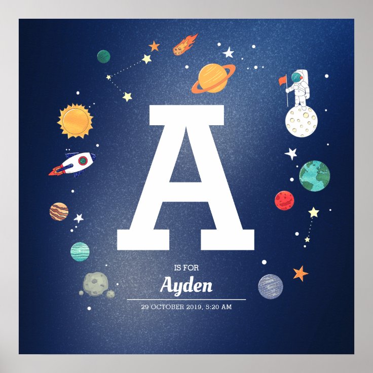 Planets and Universe Space Baby Boy Name Monogram Poster | Zazzle