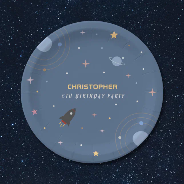 Planets & Rocket, Outer Space Birthday Paper Plate | Zazzle
