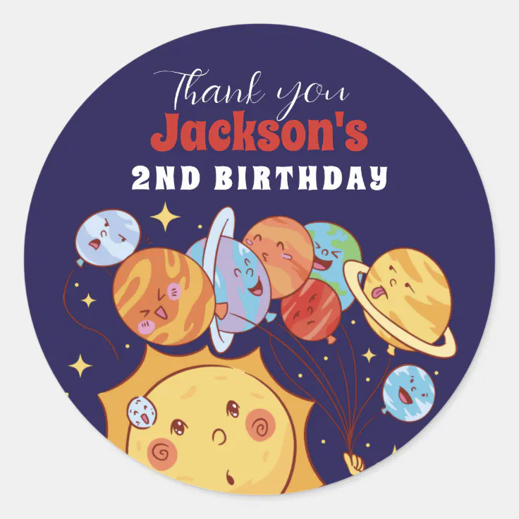 Planets Sun Outer Space Kids Birthday Party Classic Round Sticker | Zazzle