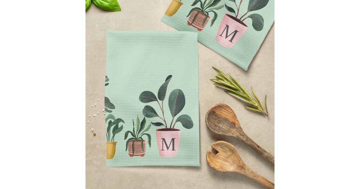 Plant Lover Chic Watercolor Potted Plants Monogram Kitchen Towel | Zazzle