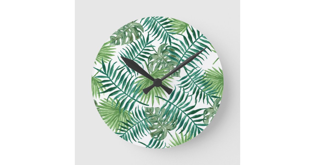 Plant Tropical Botanical Palm Leaf Round Clock | Zazzle