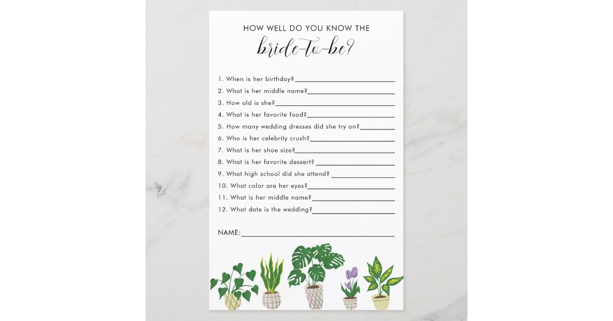 Plants Bridal Shower Game How Well do you know | Zazzle