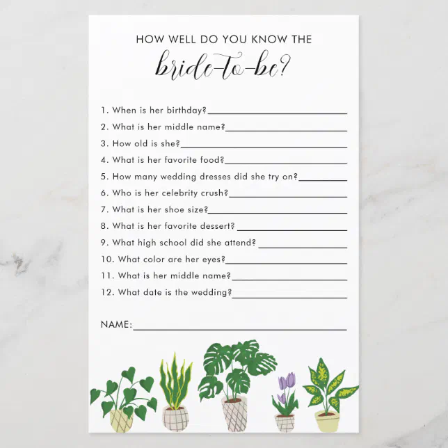 Plants Bridal Shower Game How Well do you know | Zazzle