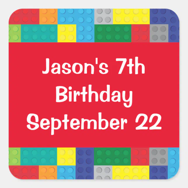 Plastic Toy Bricks Boy's Birthday Party Favor Square Sticker | Zazzle