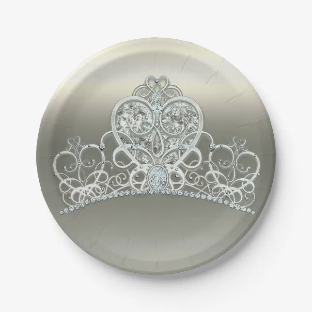 Platinum Ivory Princess Heart Tiara Birthday Party Paper Plates | Zazzle