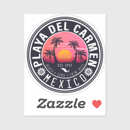 Playa del Carmen Retro Sunset Palm trees 1960s Sticker | Zazzle