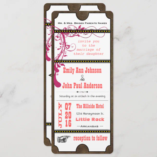 Playbill Ticket Wedding Raspberry Coral and Yellow Invitation | Zazzle