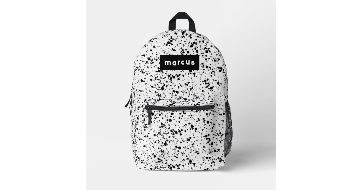 Playful artistic black splatter on white with name printed backpack ...