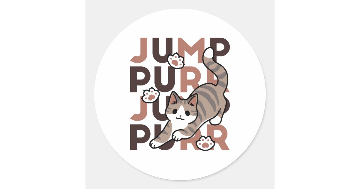 Playful Cat Jump Design - Jump Purr Pun Artwork Classic Round Sticker ...