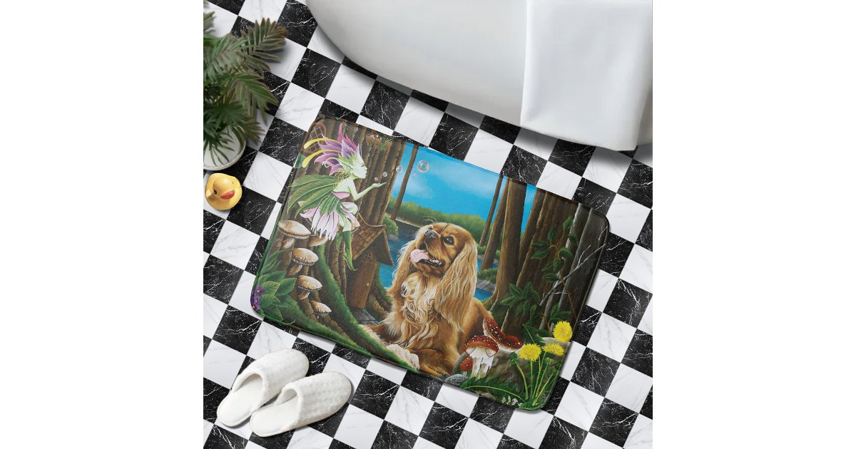 Playful Fantasy Cavalier Spaniel Fairy Sprite Bath Mat | Zazzle