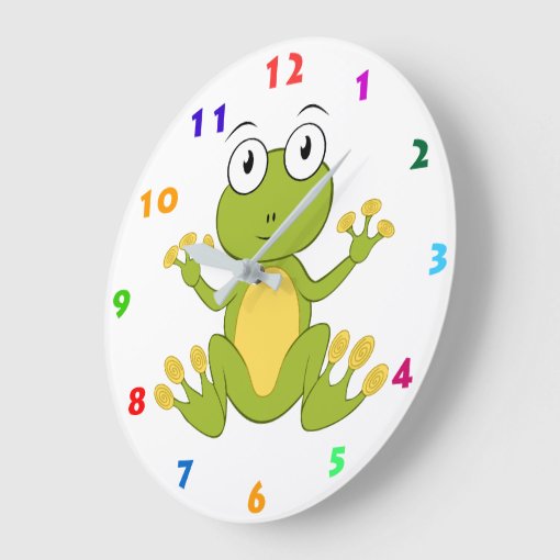 PLAYFUL FROG WITH COLORFUL NUMERALS FOR KIDS LARGE CLOCK | Zazzle