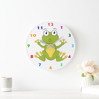 PLAYFUL FROG WITH COLORFUL NUMERALS FOR KIDS LARGE CLOCK | Zazzle