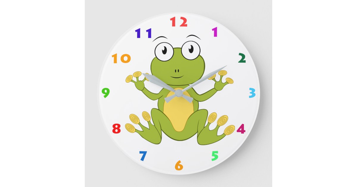 PLAYFUL FROG WITH COLORFUL NUMERALS FOR KIDS LARGE CLOCK | Zazzle