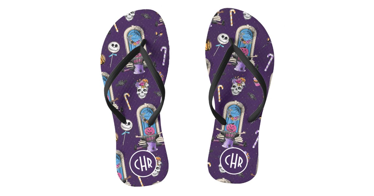 Playful Halloween Pattern in a Purple Background Flip Flops | Zazzle