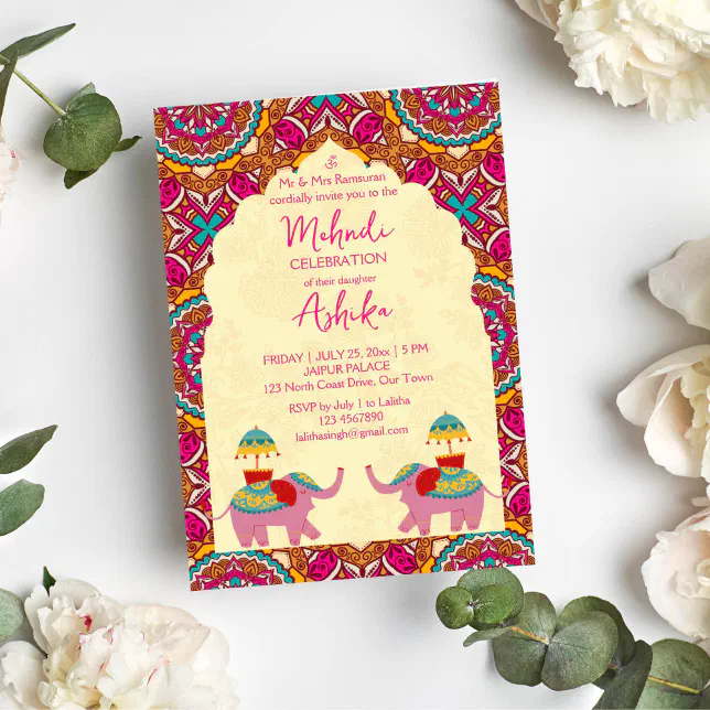 Playful Indian wedding elephants pink mehndi Invitation | Zazzle