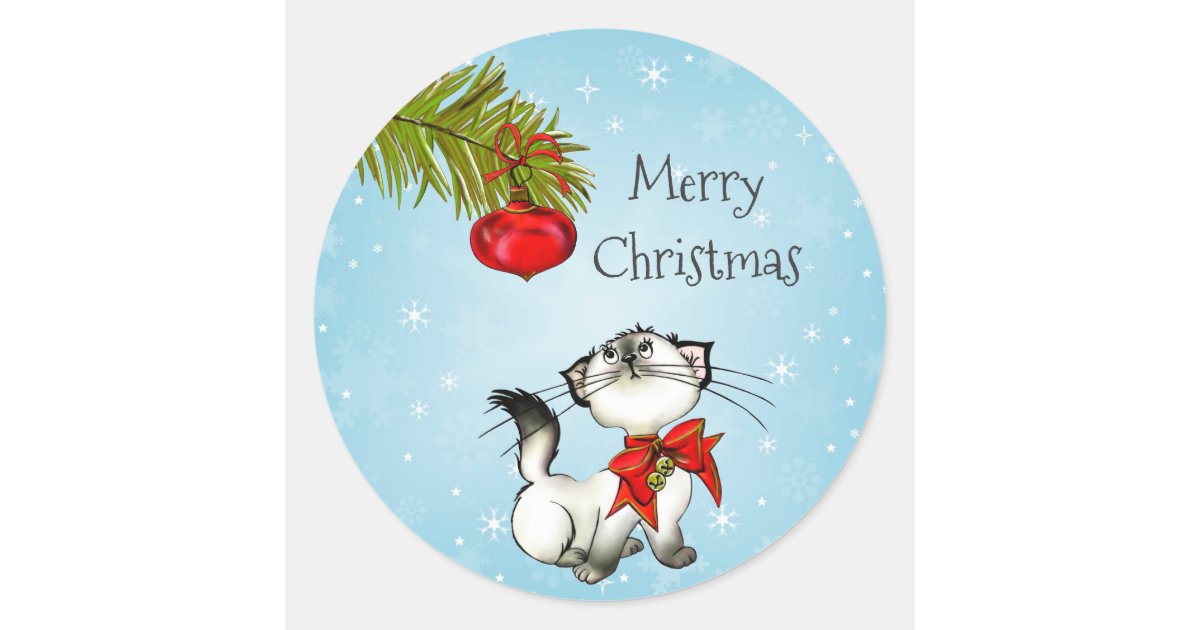 Playful Kitty Cat In A Red Christmas Bow Classic Round Sticker | Zazzle