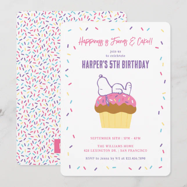 Playful Snoopy on Cupcake & Confetti Birthday Invitation | Zazzle