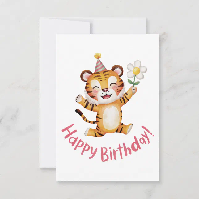 Playful Tiger Birthday Design with Daisy Thank You Card | Zazzle