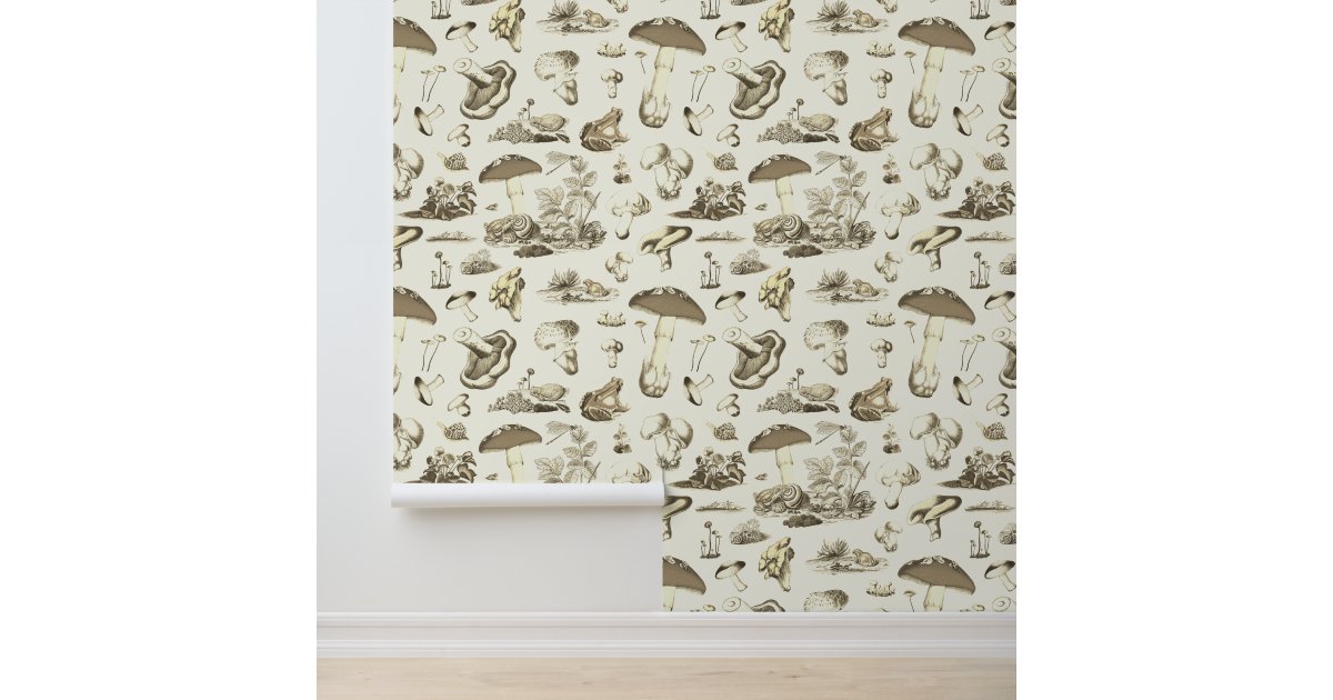 Playful Vintage Forest Mushrooms Frogs Beige White Wallpaper | Zazzle