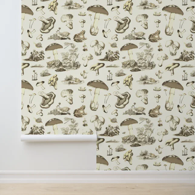 Playful Vintage Forest Mushrooms Frogs Beige White Wallpaper | Zazzle