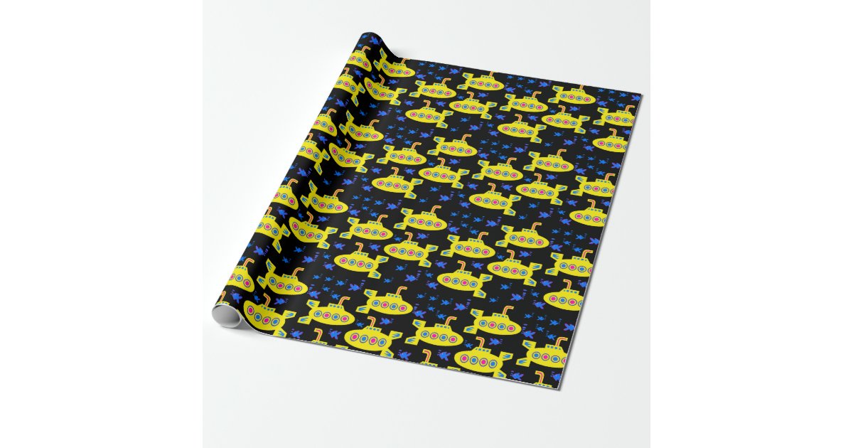 Playful Yellow Submarines Black Wrapping Paper | Zazzle